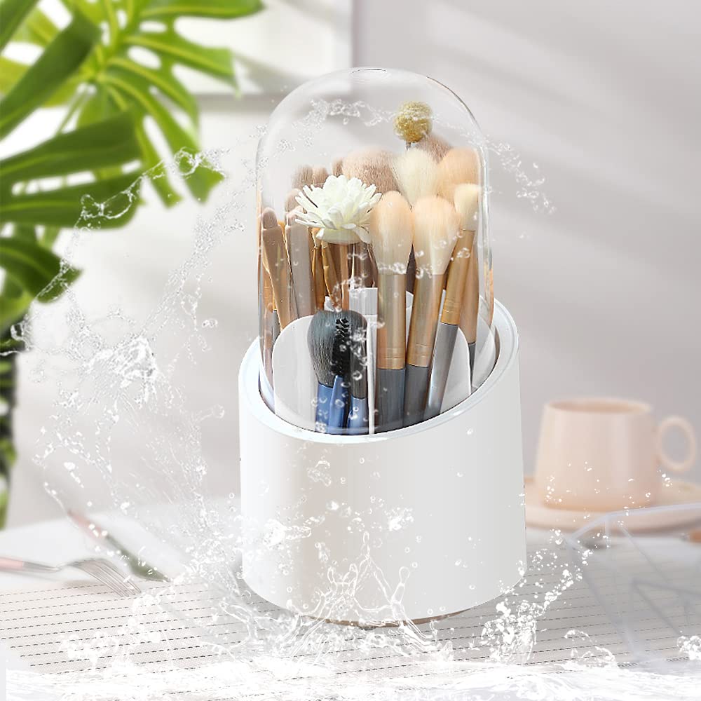 SerYogin Makeup Brush Holder With Lid 360-Degree Rotating Dustproof Makeup Organizer Brush For Vanity Pen Holder Cosmetic Brush Storage Box For Vanity Home Office Art Supply