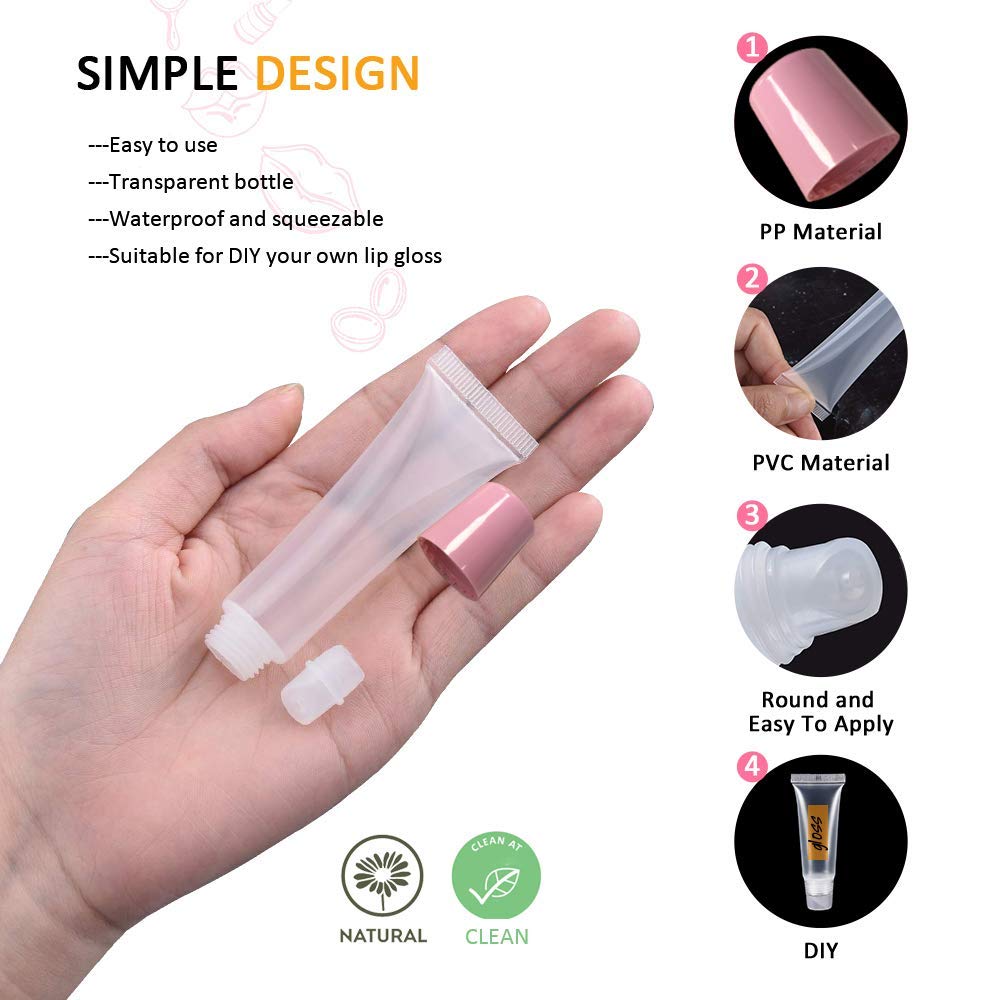 AMORIX 50PCS Lip Gloss Tubes 5ml Pink Cap Lip Gloss Containers Empty Lip Balm Tubes Squeeze Lipgloss Tubes + 2 x 20ml Syringes Tag Labels for DIY Lip Gloss Base Glitter