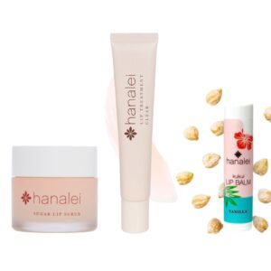 hanalei lip care bundle - sugar lip scrub, kukui oil lip treatment in clear, and kukui lip balm in vanilla