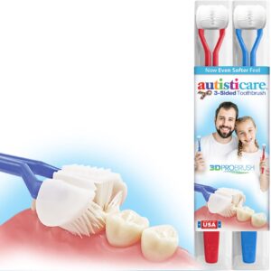 autisticare 2pk sensory 3-sided toothbrush for special needs | new softer feel | fast, easy & clinically proven | autism spectrum autistic asperger therapy parent caregiver tactile made in usa