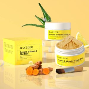 BACHERI Turmeric Vitamin C Clay Mask # 130g, Blackheads Acne Dark Spots Remover with Turmeric Extract, Turmeric Clay Mud Mask for Glowing Skin, Refining Pores and Controlling Oil