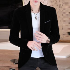 Men Vintage Velvet One Button Blazer Lightweight Solid Casual Sport Coat Single Breasted Slim Dinner Tuxedo Jacket (Black,XX-Large)