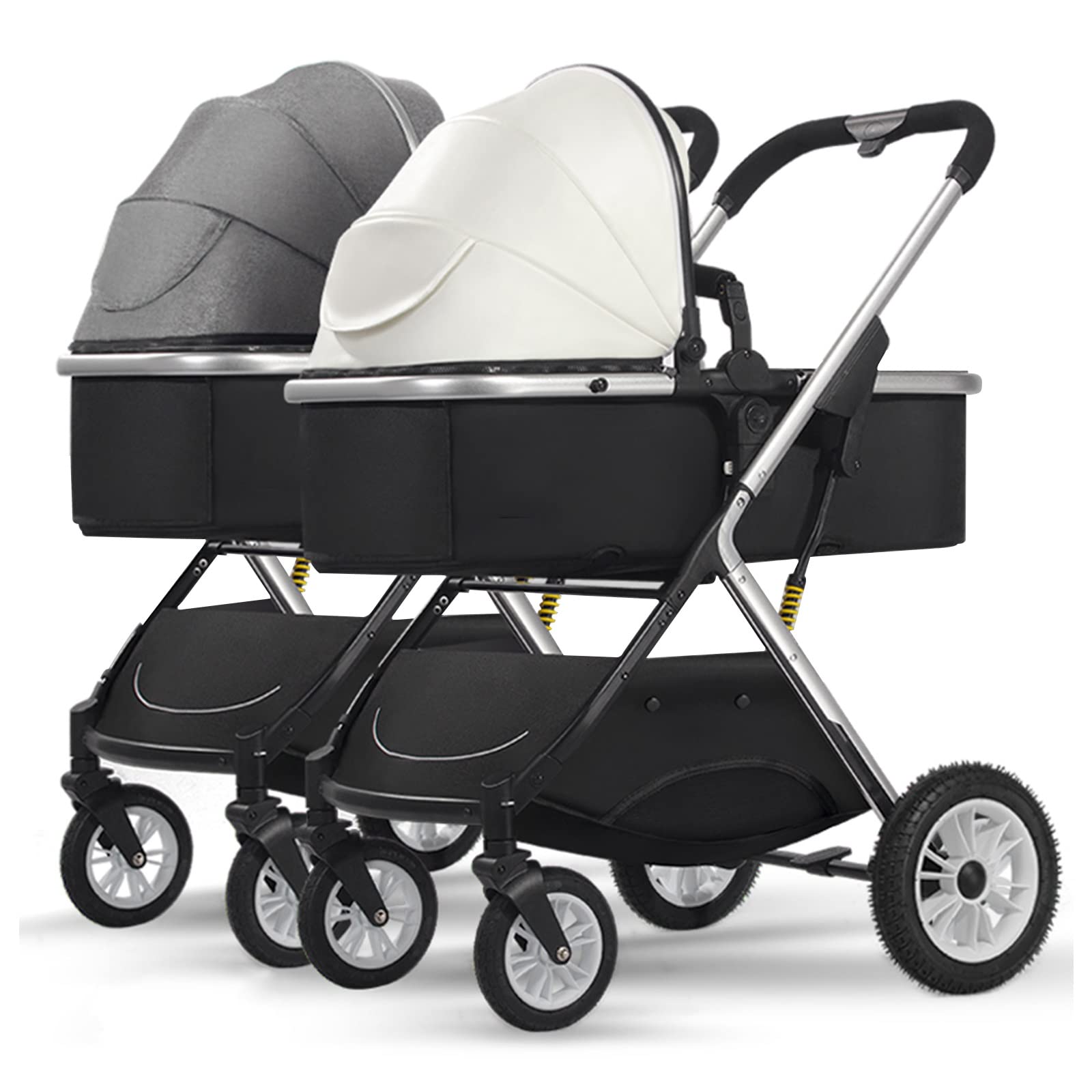 Twins Stroller for Side by Side Toddler Baby Bassinet Stroller for Double,Baby Standard Pram Convertible Pushchair Two-Way Push,Damping Wheels,Large Storage Basket (Color : White+Gray)