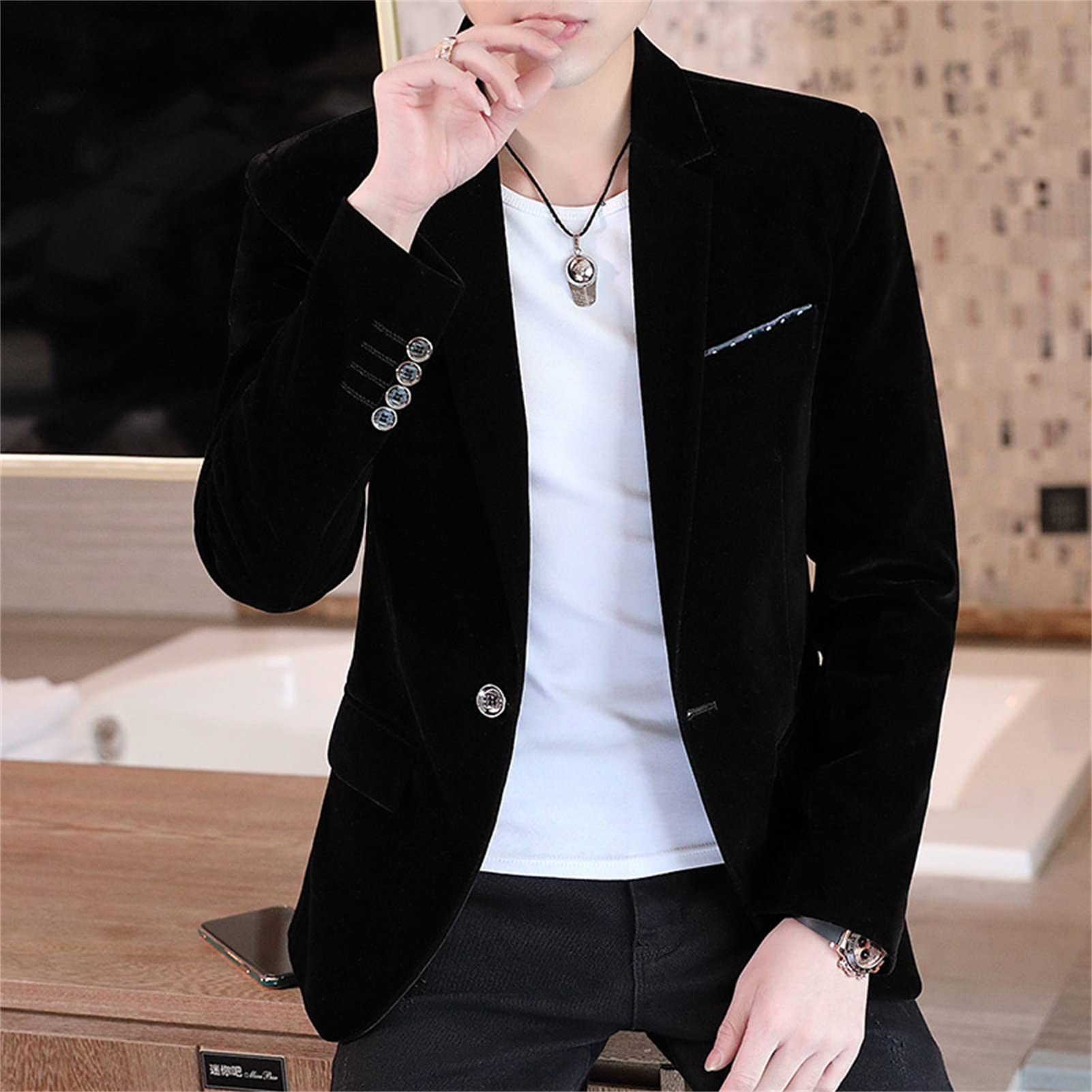 Men Vintage Velvet One Button Blazer Lightweight Solid Casual Sport Coat Single Breasted Slim Dinner Tuxedo Jacket (Black,XX-Large)