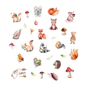 squirrel fox rabbit hedgehog mushroom wall decals, woodland animal wall stickers for kid, forest animals wall decal for kids room baby nursery wall decor, kids wall decals, wall decals for kids