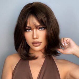 kuefhs brown bob wig with bangs, brown wigs for women short brown wig synthetic wig 150% density synthetic wigs with bangs this brown bob wig is slightly reddish in the sun