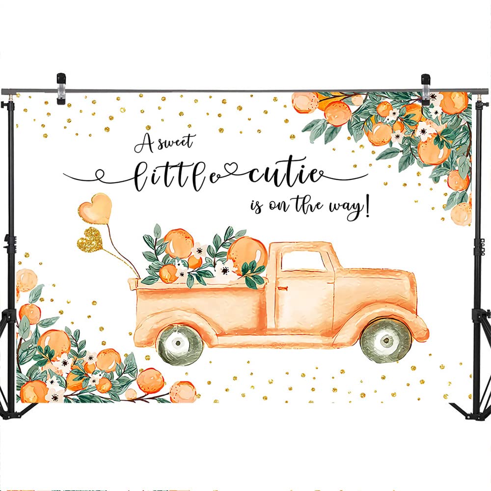 Mocsicka A Little Cutie Baby Shower Backdrop Orange and Truck Baby Shower Background Tangerine Theme Baby Shower for Girl Photography Background Cake Table Decoration (6x4ft)