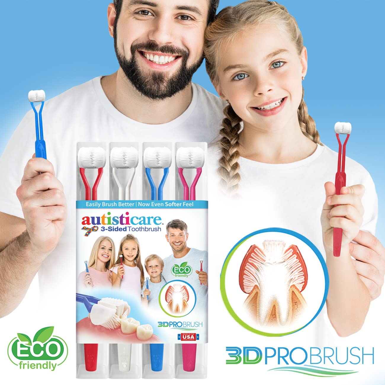 autisticare 4-PK Sensory 3-Sided Toothbrush for Special Needs | Now Even Softer | Fast Easy & Clinically Proven | Autism Spectrum Disorder | Autistic Asperger Caregiver Calm Made in USA