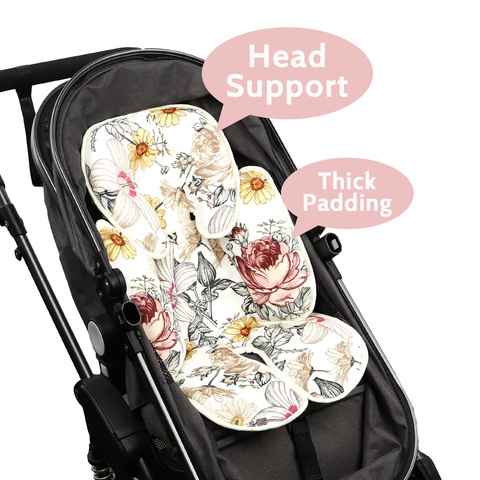 Floral Car Seat Insert,Cushion for Stroller, Swing, Bouncer, 2-in-1 Reversible,Baby Car Seat Strap Covers Shoulder Pads for Baby Kid