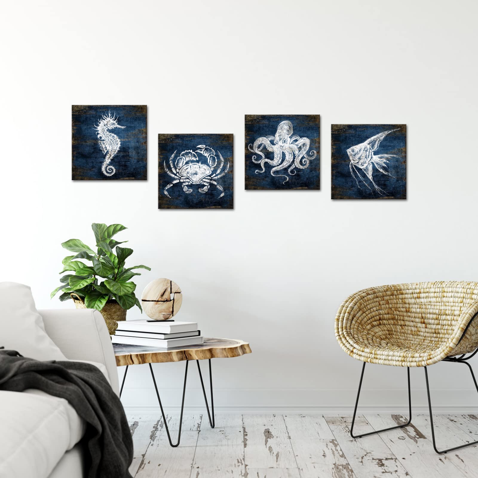 KLVOS Navy Blue Ocean Animal Art Prints Angle Fish Octopus Seahorse Crab Canvas Pictures Modern Bathroom Wall Decor Framed for Kids Baby Nursery Wall Art 12x12inx4pcs