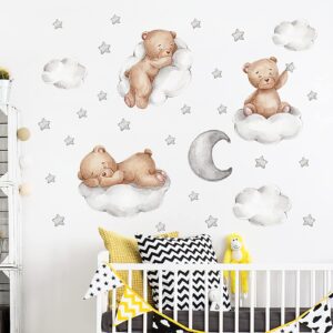 cute bear sleeping on the moon cloud wall decals, baby nursey wall stickers, removable star diy wall sticker, vinyl mural decor art for kids baby nursery room (gm-bear02)