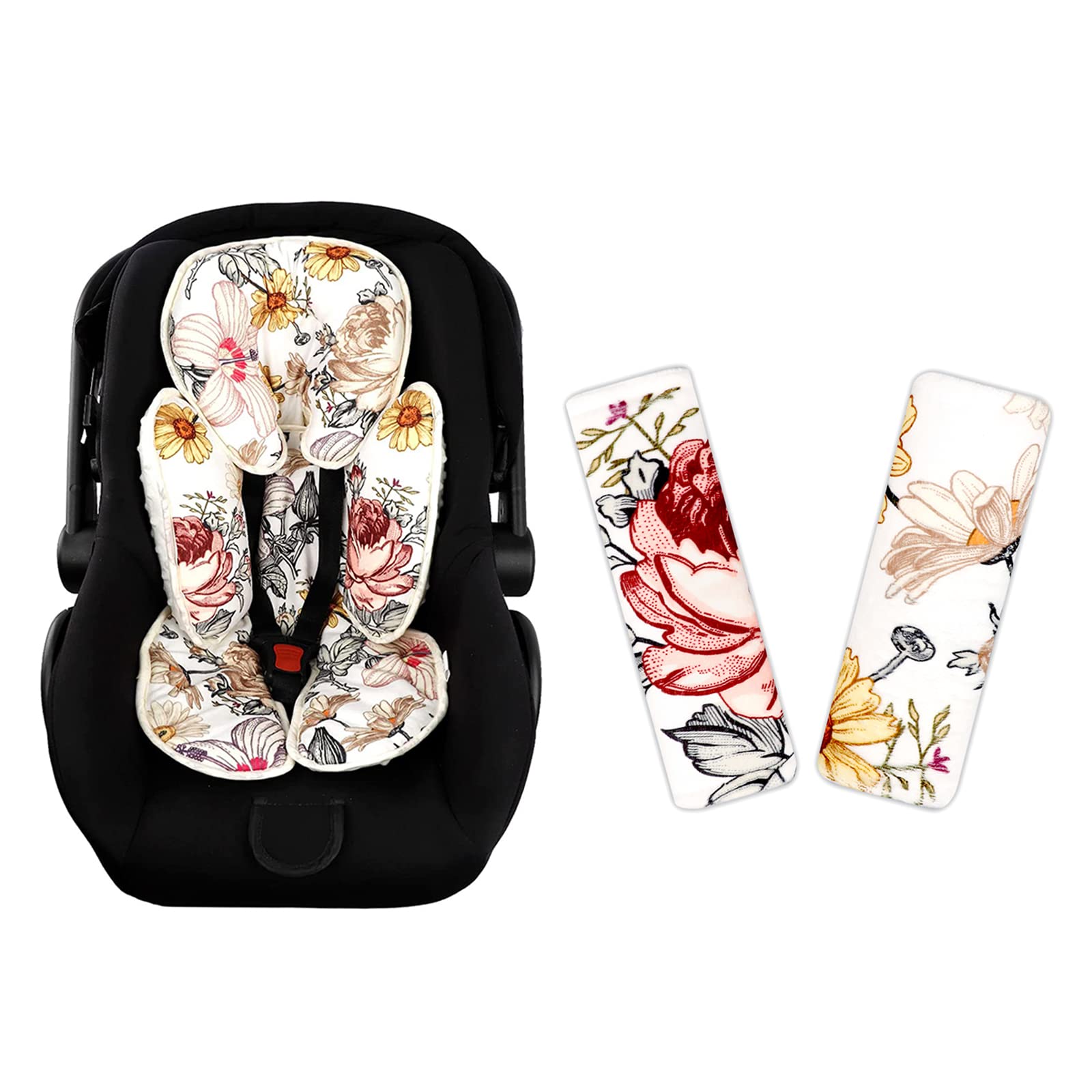 Floral Car Seat Insert,Cushion for Stroller, Swing, Bouncer, 2-in-1 Reversible,Baby Car Seat Strap Covers Shoulder Pads for Baby Kid