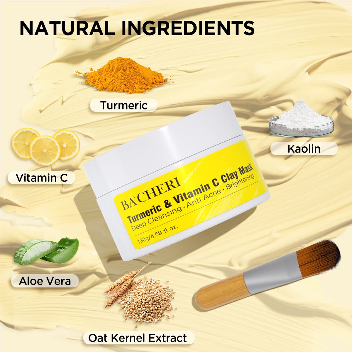 BACHERI Turmeric Vitamin C Clay Mask # 130g, Blackheads Acne Dark Spots Remover with Turmeric Extract, Turmeric Clay Mud Mask for Glowing Skin, Refining Pores and Controlling Oil