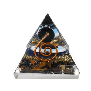 ultimate protection orgone pyramid with evil eye black obsidian sphere - triple protection crystals tiger eye hematite & black obsidian (30mm, small)