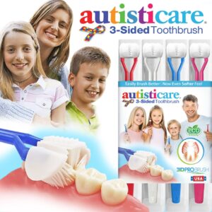 autisticare 4-PK Sensory 3-Sided Toothbrush for Special Needs | Now Even Softer | Fast Easy & Clinically Proven | Autism Spectrum Disorder | Autistic Asperger Caregiver Calm Made in USA