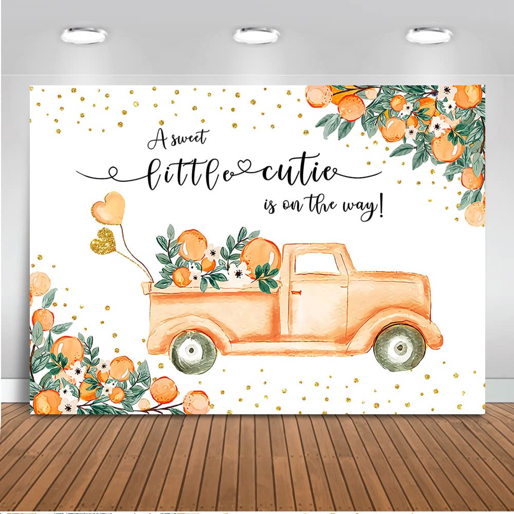 Mocsicka A Little Cutie Baby Shower Backdrop Orange and Truck Baby Shower Background Tangerine Theme Baby Shower for Girl Photography Background Cake Table Decoration (6x4ft)