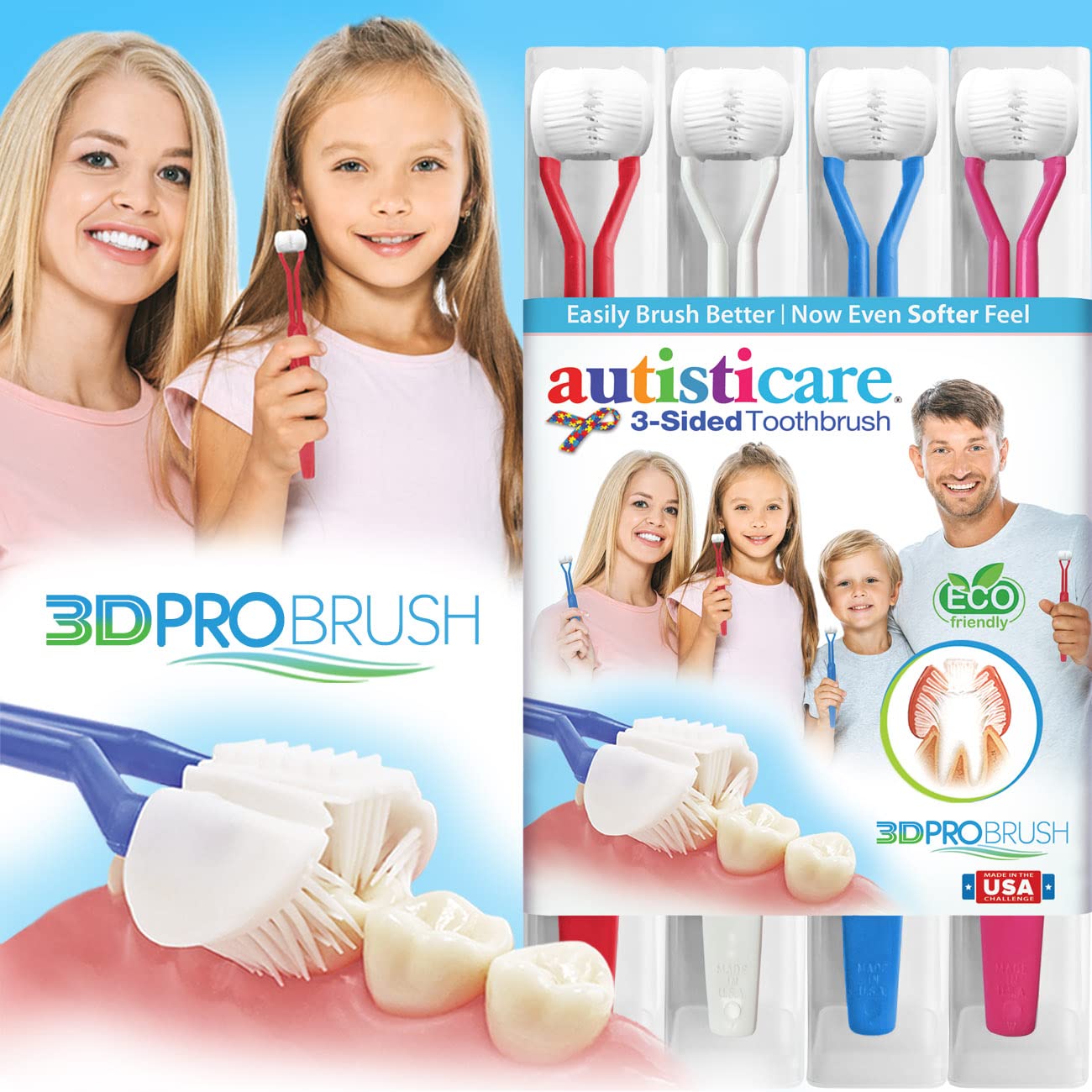 autisticare 4-PK Sensory 3-Sided Toothbrush for Special Needs | Now Even Softer | Fast Easy & Clinically Proven | Autism Spectrum Disorder | Autistic Asperger Caregiver Calm Made in USA