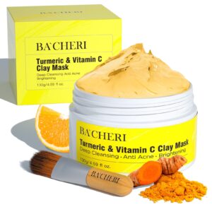 bacheri turmeric vitamin c clay mask # 130g, blackheads acne dark spots remover with turmeric extract, turmeric clay mud mask for glowing skin, refining pores and controlling oil