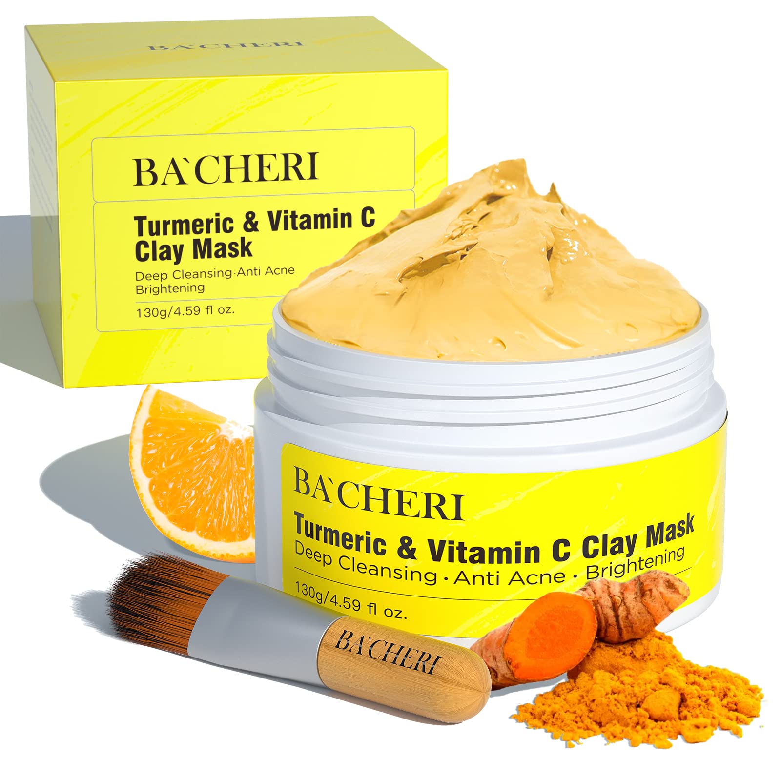 BACHERI Turmeric Vitamin C Clay Mask # 130g, Blackheads Acne Dark Spots Remover with Turmeric Extract, Turmeric Clay Mud Mask for Glowing Skin, Refining Pores and Controlling Oil