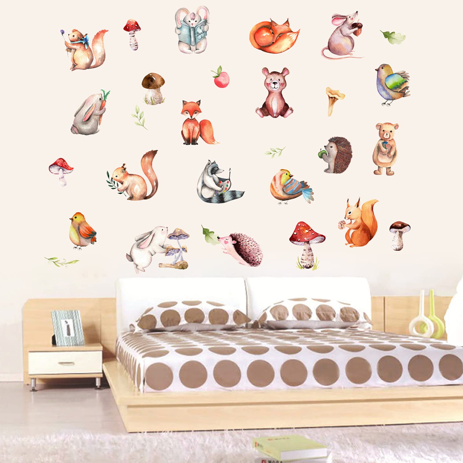 Squirrel Fox Rabbit Hedgehog Mushroom Wall Decals, Woodland Animal Wall Stickers for Kid, Forest Animals Wall Decal for Kids Room Baby Nursery Wall Decor, Kids Wall Decals, Wall Decals for Kids