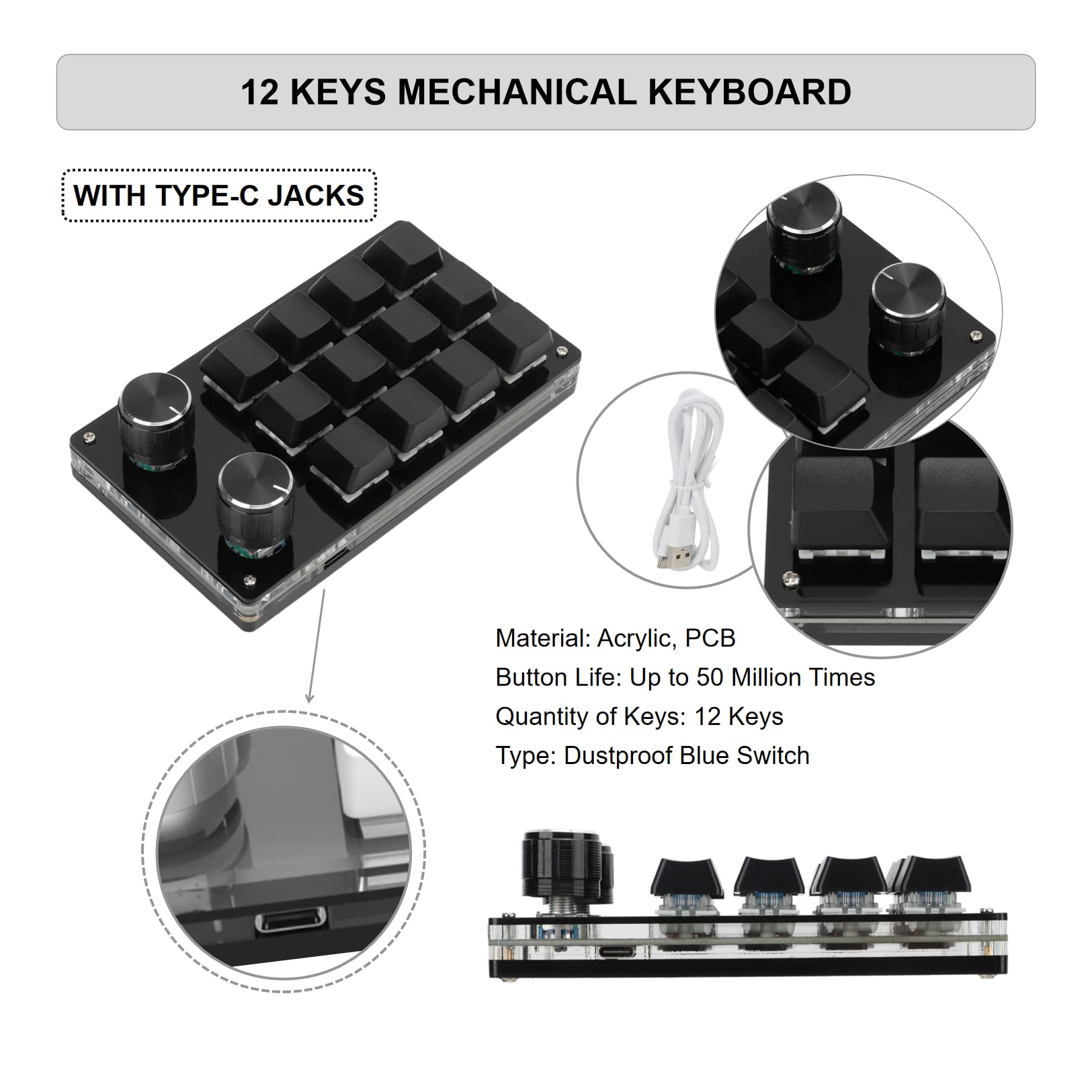 KUIDAMOS 12 Key Mechanical Numpad Mini Mechanical Gaming Keyboard,Macro Keyboard Knob with Knob Function and Type C to USB Interface Mini One Handed One Click Start for Linux OS X(Black)