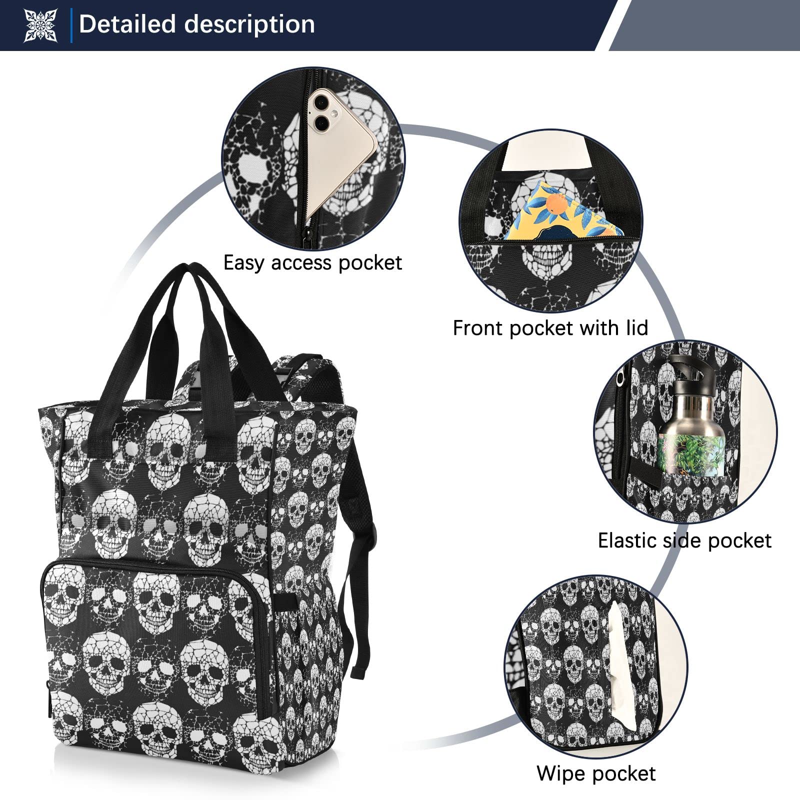 ALAZA Diaper Bag Backpack for Baby Nappy Changing Bags Multifunction Gothic Skull(1) Travel Back Pack(226te5e)