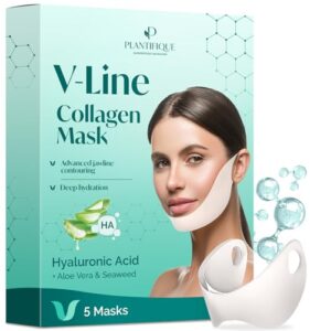 plantifique v-line collagen mask for face 5 pcs, chin strap for women & men, v line lifting mask with collagen and hyaluronic acid, v shape face tape chin and neck mask for skin firming