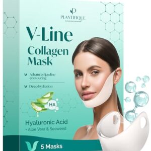 PLANTIFIQUE V-Line Collagen Mask for face 5 PCS, Chin Strap for Women & Men, V Line Lifting Mask with Collagen and Hyaluronic Acid, V Shape Face Tape Chin and Neck Mask for Skin Firming