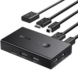 ugreen kvm switch, share 4 usb ports, usb and hdmi switch for 2 computers for keyboard mouse printer to one monitor support 4k@60hz, 3d, hdr, include desktop controller, 2 usb cables and 2 hdmi cables