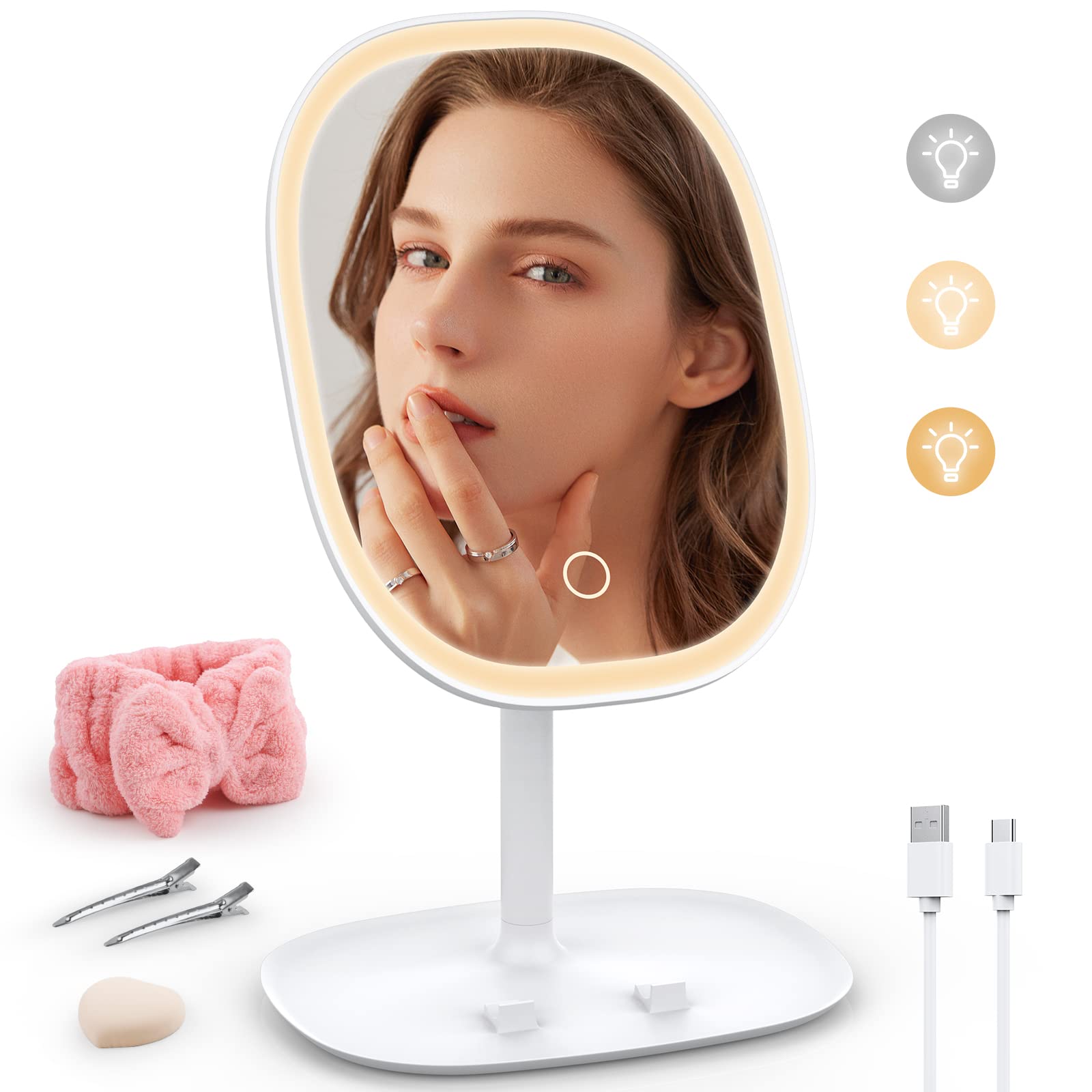 HDUYFYD Makeup Mirror with 72 LED Lights, Touch Sensor Control, Three Modes, HD Wide-Angle Viewing, Adjustable Stand, Storage Compartments, Light-Up, Tabletop Mount, Oval Shape