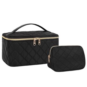 Makeup Bag Set of 2, Large Makeup Bag Organizer and Small Cosmetic Bag Multifunctional Make Up Bags Cosmetics Toiletry Brushes Storage Pouch for Women Girls Makeup Case with Handle Divider, Black