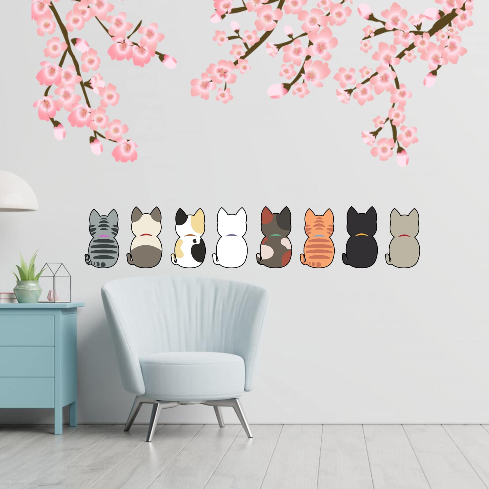 Cute Cat Wall Stickers Peel and Stick Cherry Blossom Wall Decals Kawaii Animal Nursery Wall Decor Baby Kids Bedroom Art Decoration