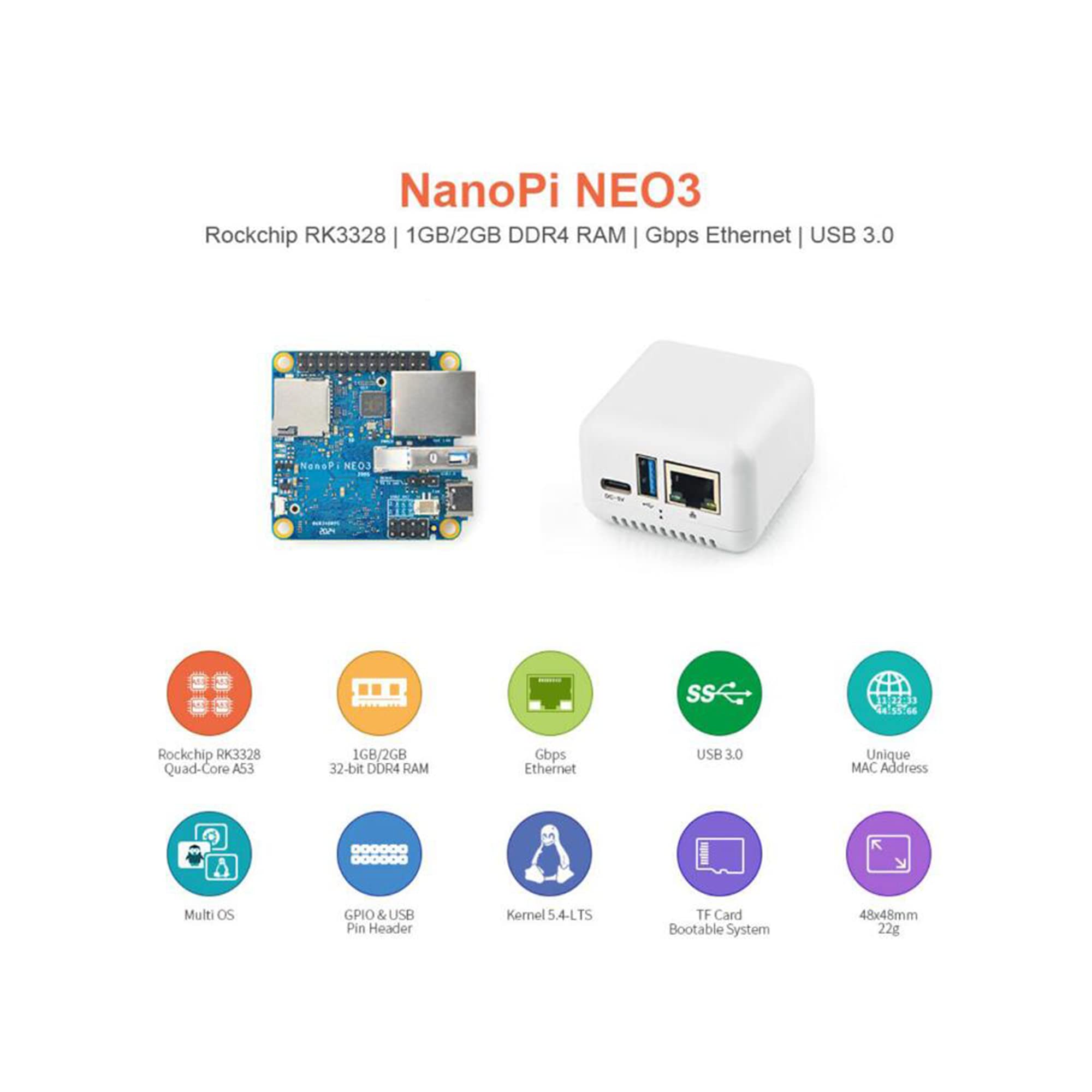 FriendlyElec NanoPi NEO3 1GB/2GB DDR4 RK3328 Cortex A53 Quad-core 64-bi Support Linux Ubuntu Core Upgrade Nanopi NEO2 (2GB Ram, NEO3 Case Kit)