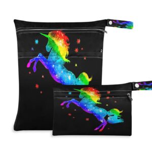 galaxy animal unicorn reusable wet dry bags for baby cloth diapers with 2 zippered pockets, waterproof travel bag beach pool gym bag for wet swimsuits toiletries swim bag, (2 pack)