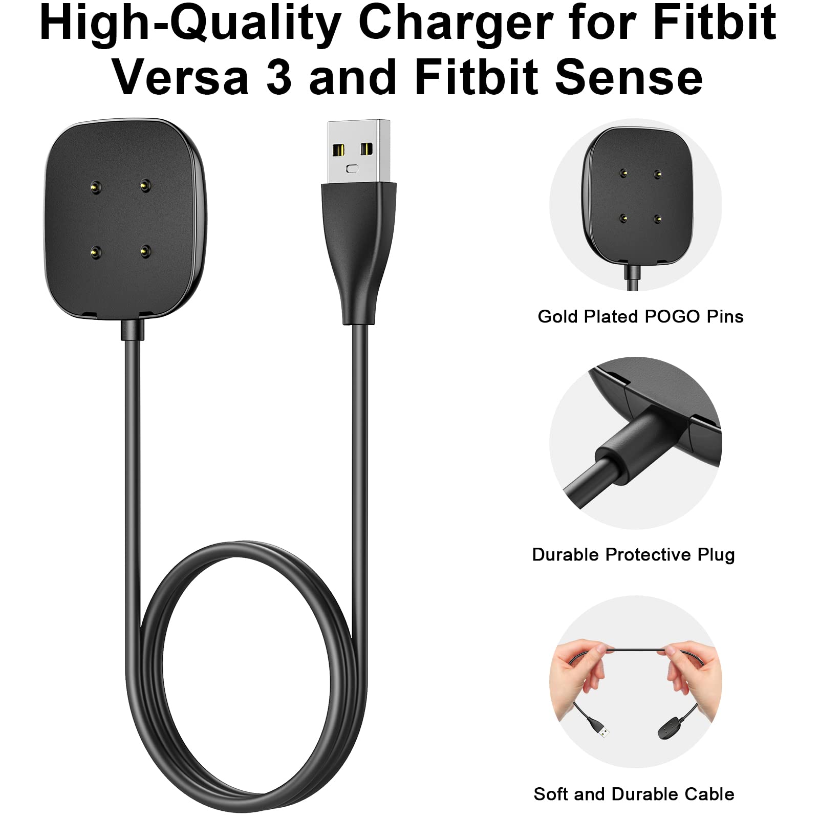 Charger Cable for Fitbit Versa 4/ Versa 3/ Fitbit Sense 2/ Sense Fitness Tracker, Soft Durable Replacement USB Charging Cable, Two Sizes for Choice (3.3ft/1.64ft)