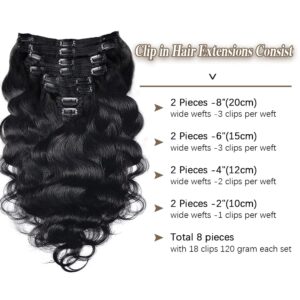 Body Wave Clip In Hair Extensions For Black Women 8Pcs Clip In Human Hair Extensions With 18 Clips Double Weft Natural Color 120g(16inch, Natural Black Body)