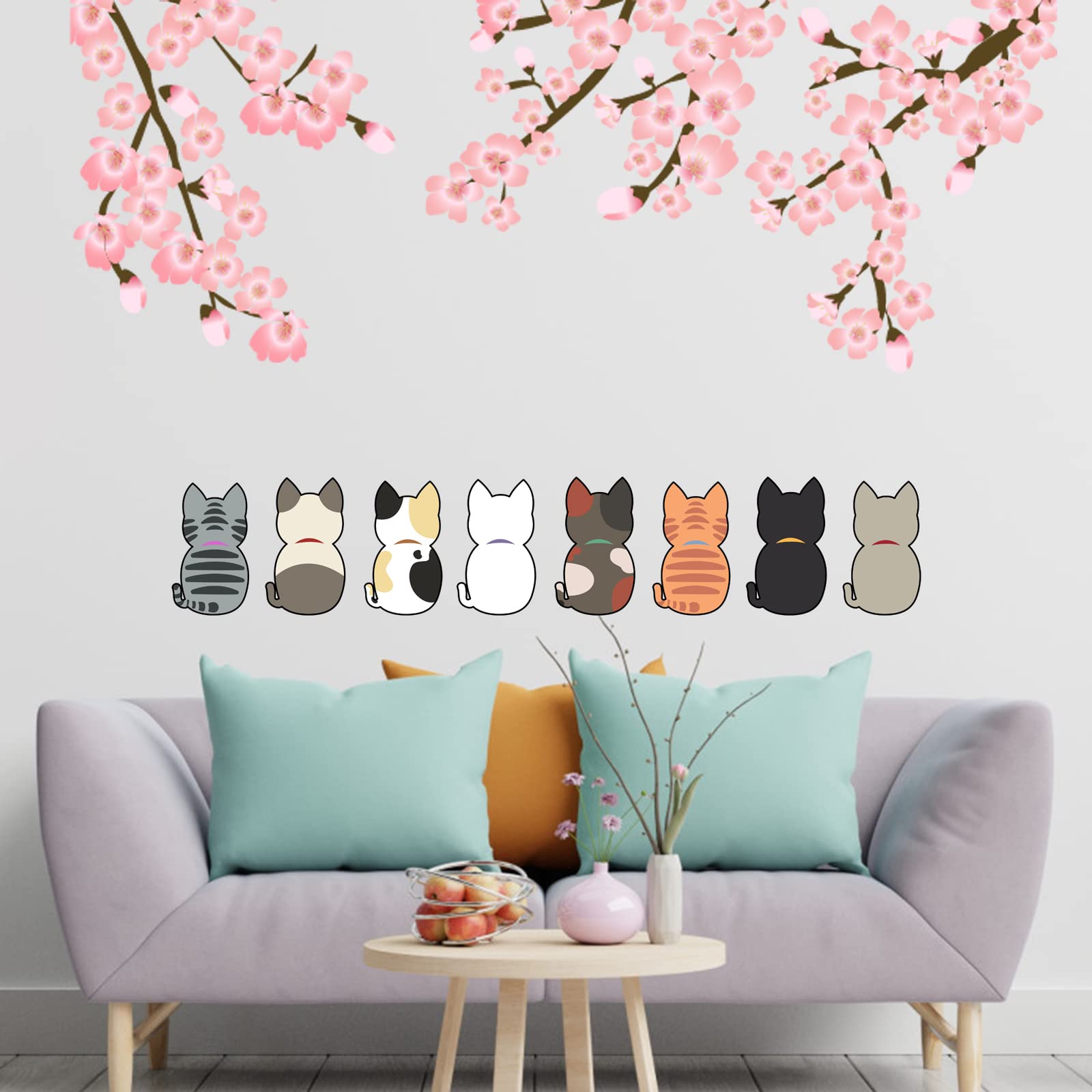 Cute Cat Wall Stickers Peel and Stick Cherry Blossom Wall Decals Kawaii Animal Nursery Wall Decor Baby Kids Bedroom Art Decoration