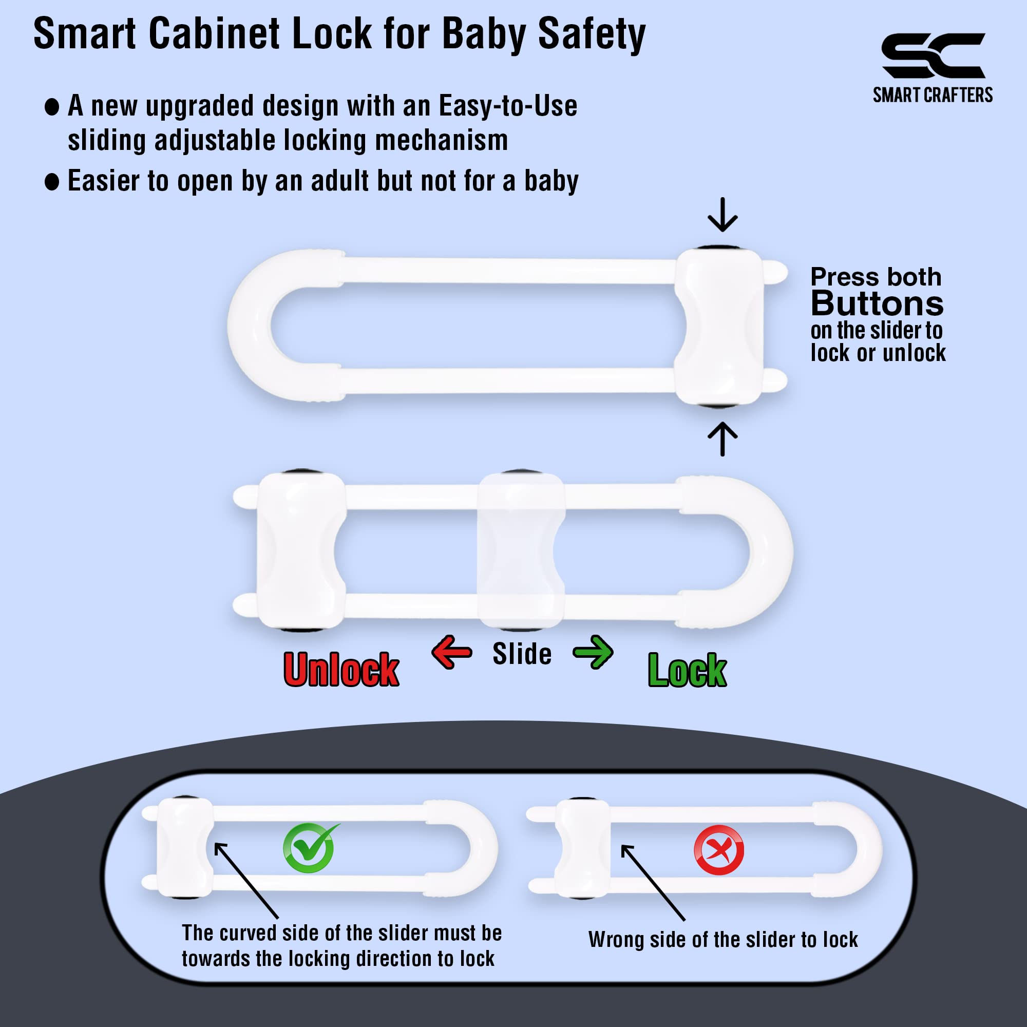 SMART CRAFTERS Child Safety Cabinet Locks - Secure Your Cabinets and Protect Your Kids with these Cabinet Locks for Babies - Organize Your Home Safely - Versatile and Easy-to-Use (Pack of 10, White)