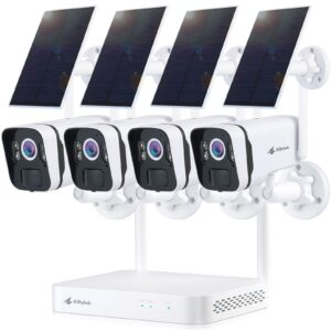 kittyhok solar home security camera system, 4pcs 2k ultra solar security cameras wireless outdoor, smart human detection, spotlight, forever power, 10ch nvr, 60 days local storage, 0 monthly fee