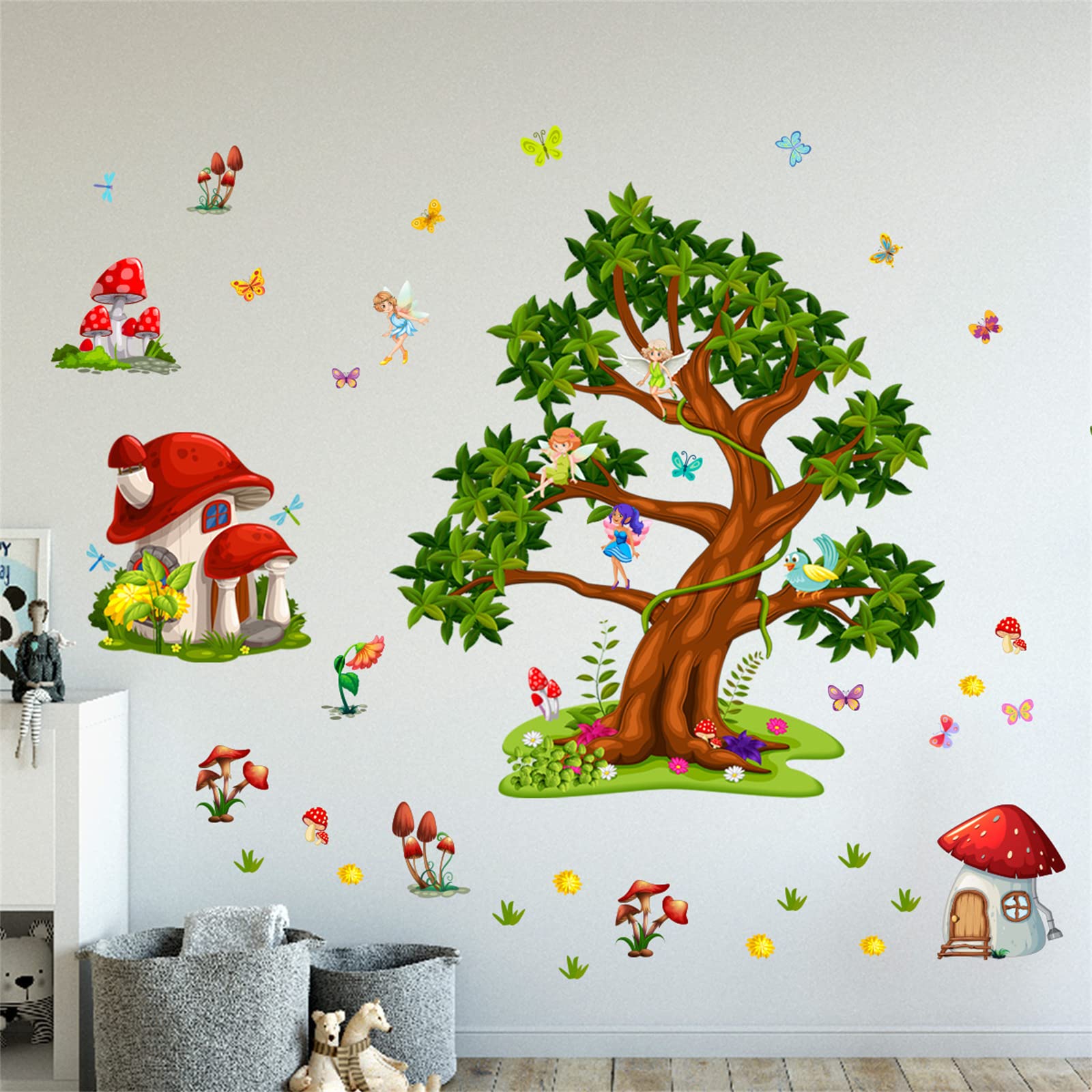 Green Tree Wall Decals Jungle Animals Big Tree Fairy Wall Stickers 3D Realistic Cartoon Mushroom Room Sticker Peel and Stick Art Can Unleash Your Child's Imagination Suitable for Children's Room