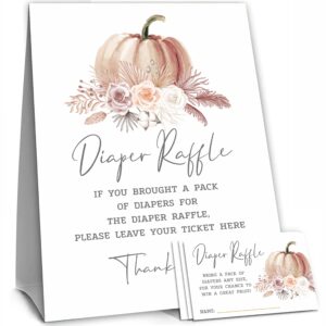 pumpkin baby shower game cards, 50 diaper raffle tickets and 1 self-standing diaper raffer sign-（lblk-008）