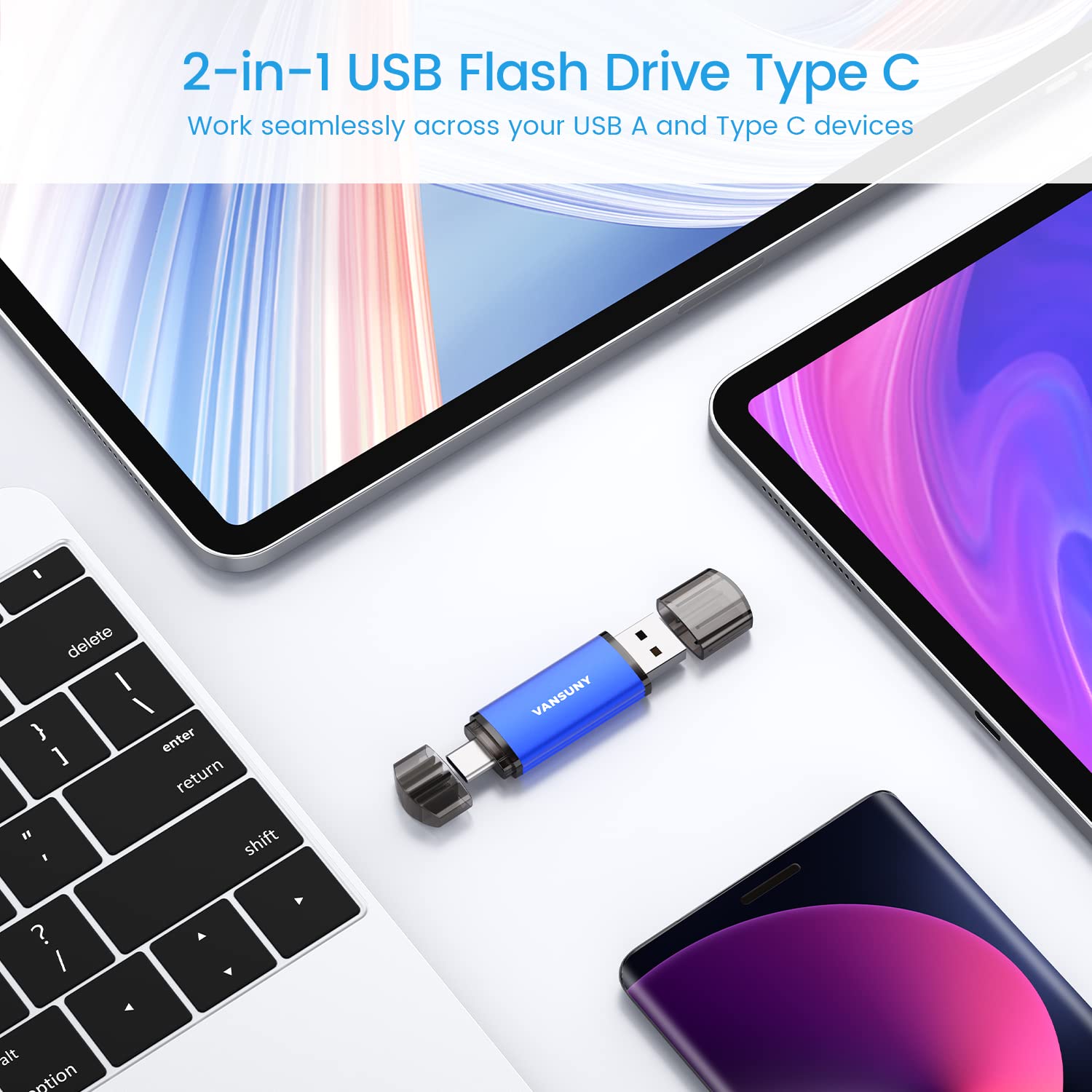 Vansuny 128GB USB Type-C Flash Drive 2-in-1 Dual Flash Drive USB A + USB C OTG Flash Drive for Android Smartphone Tablet Computer Laptop (Blue)