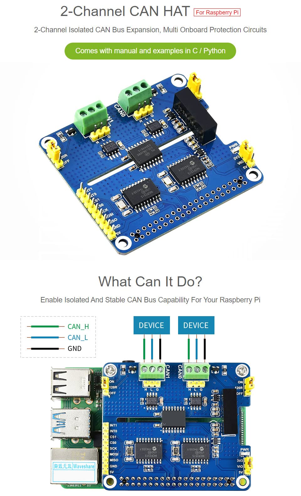 Waveshare Isolated CAN Expansion Board 2 Channel Compatible with Raspberry Pi 4B/3B+/3B etc. Series Boards