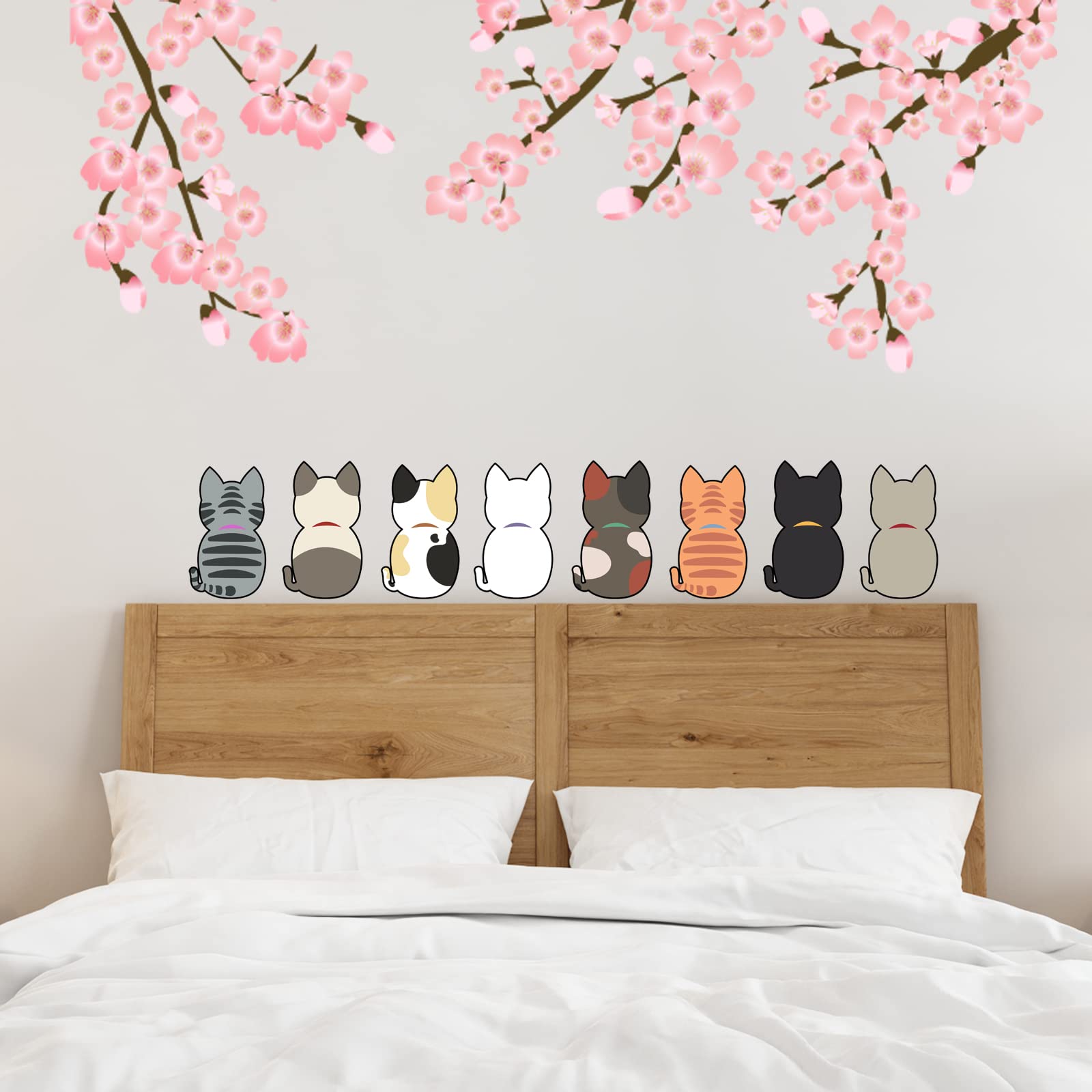 Cute Cat Wall Stickers Peel and Stick Cherry Blossom Wall Decals Kawaii Animal Nursery Wall Decor Baby Kids Bedroom Art Decoration