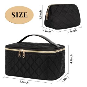 Makeup Bag Set of 2, Large Makeup Bag Organizer and Small Cosmetic Bag Multifunctional Make Up Bags Cosmetics Toiletry Brushes Storage Pouch for Women Girls Makeup Case with Handle Divider, Black