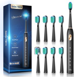 dada-tech electric toothbrush for adults and kids, sonic toothbrush rechargeable with 9 brush heads, 5 modes and 2 minutes smart timer, 4hours charge for 60 days, roman column handle (black)