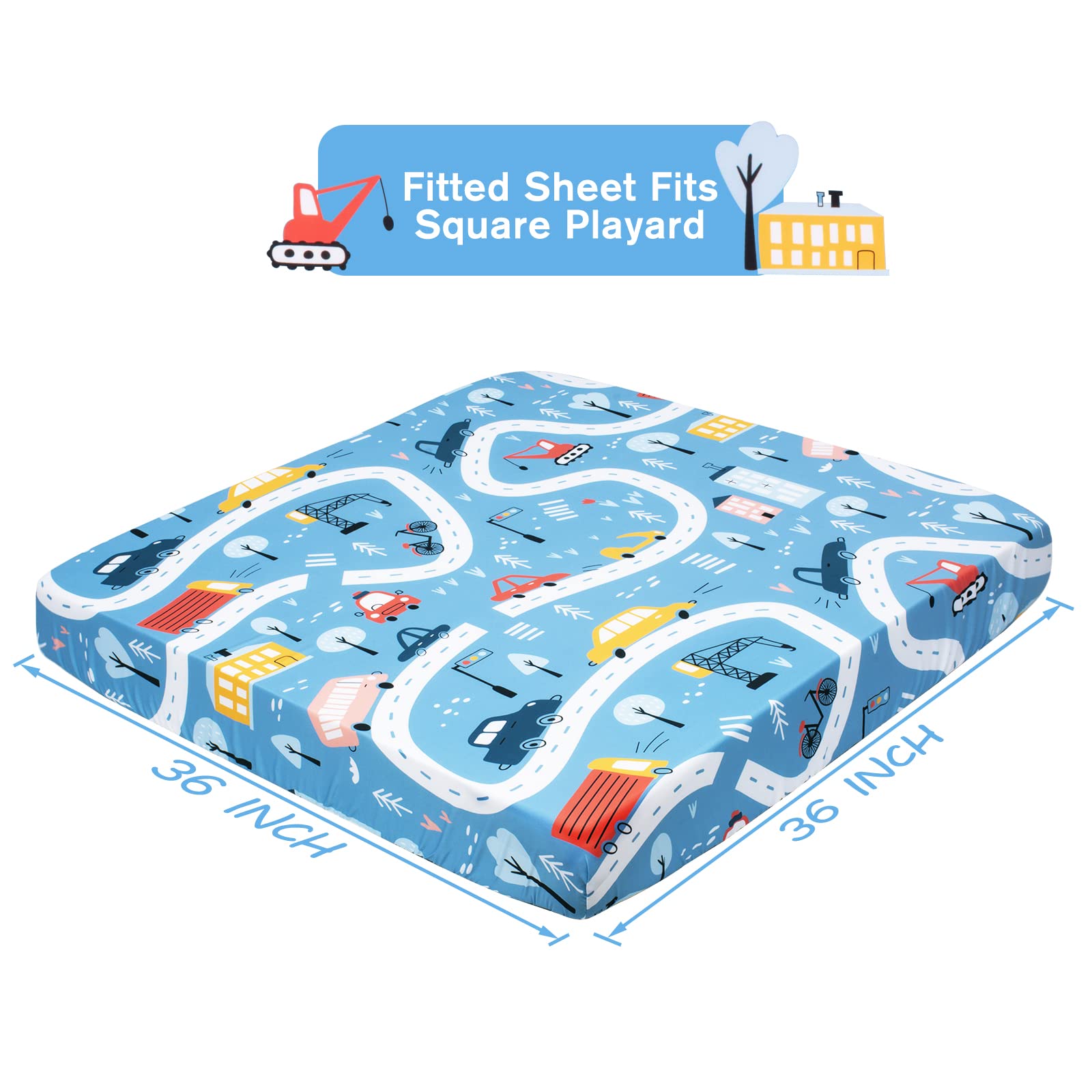 Cloele Square Playard/Playpen Fitted Sheets Perfect for 36 X 36 Portable Playard Mattresses - Square Pack and Play Crib Sheets - Ultra Soft Polyester Blue Car Fitted Playpen Sheet for Baby