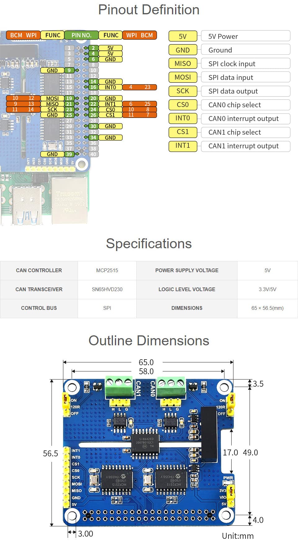 Waveshare Isolated CAN Expansion Board 2 Channel Compatible with Raspberry Pi 4B/3B+/3B etc. Series Boards