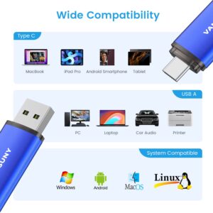 Vansuny 128GB USB Type-C Flash Drive 2-in-1 Dual Flash Drive USB A + USB C OTG Flash Drive for Android Smartphone Tablet Computer Laptop (Blue)