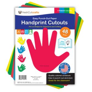 48 piece handprint primary cutouts with idea guide, us made 2-sided brightly colored card stock punch out handprint paper accents for bulletin boards, classroom decor, back to school & diy crafting